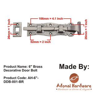 Quality 6" Brass Decorative Door Bolt - Adonai Hardware